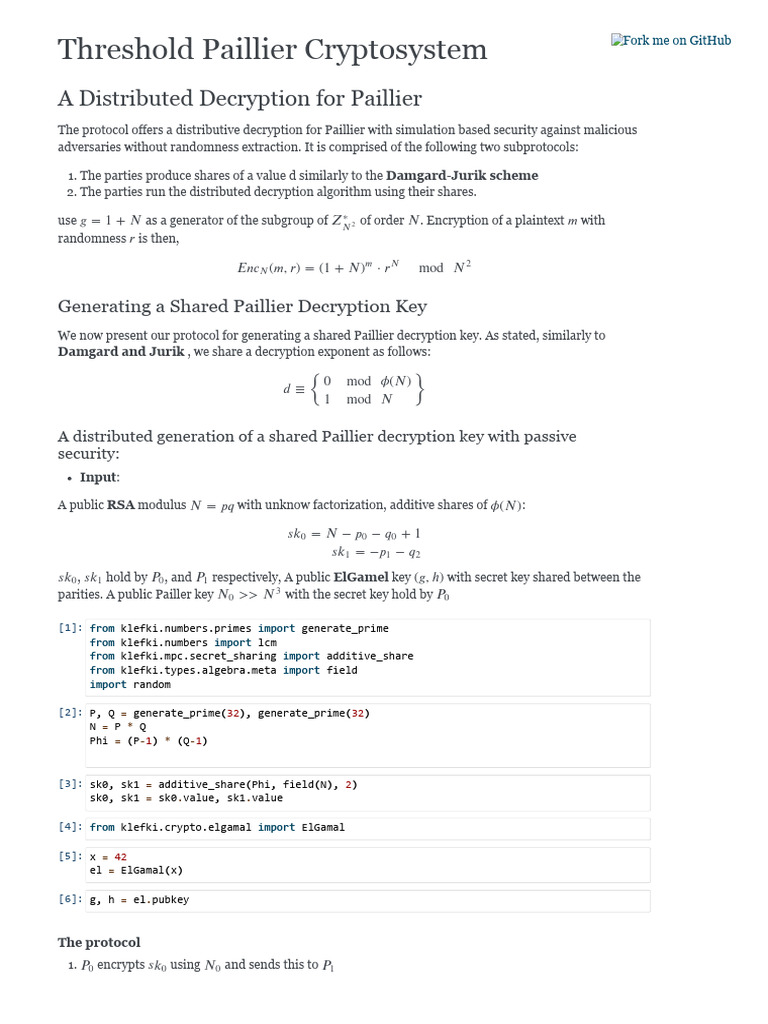 Threshold Paillier Cryptosystem - Klefki 1.7 Documentation | PDF | Key (Cryptography) | Encryption