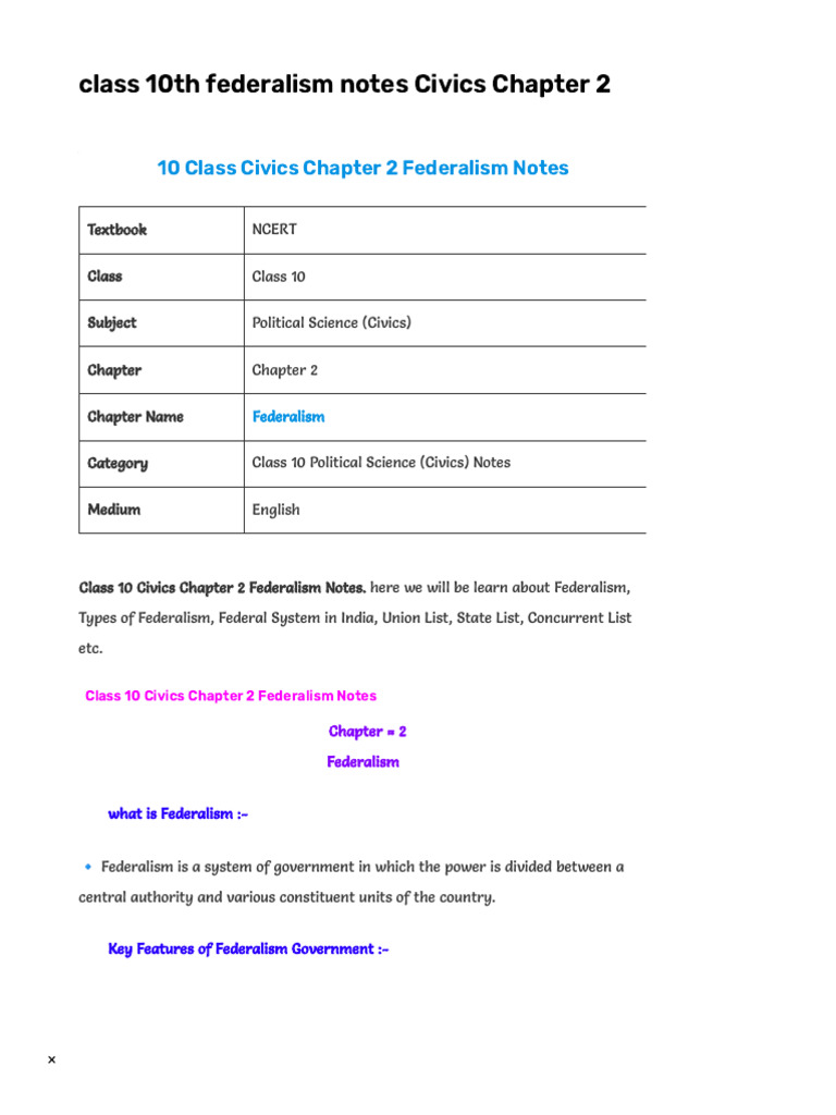 Class 10 Civics Chapter 2 Federalism | PDF | Justice | Crime & Violence
