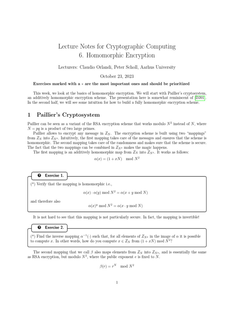 Lecture Notes For Cryptographic Computing 6. Homomorphic Encryption ...