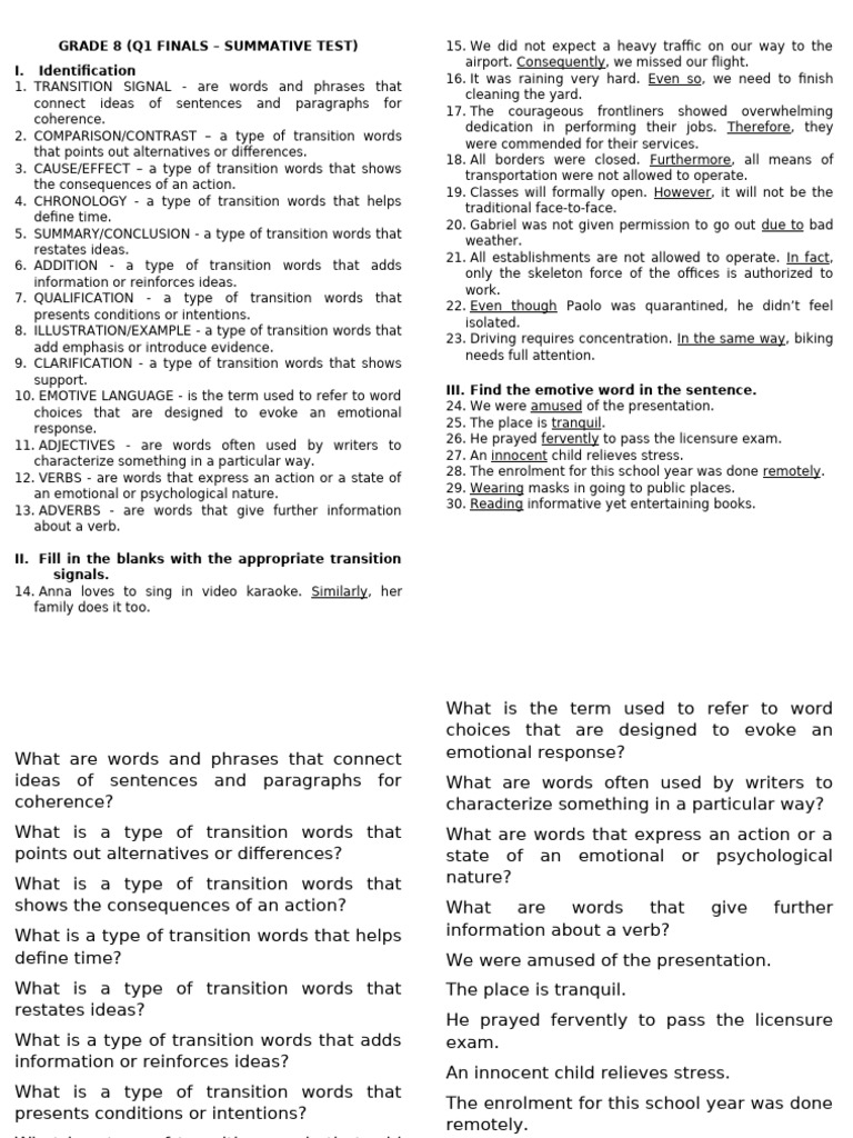 Grade 8 Transition Signals Guide | PDF | Word | Verb