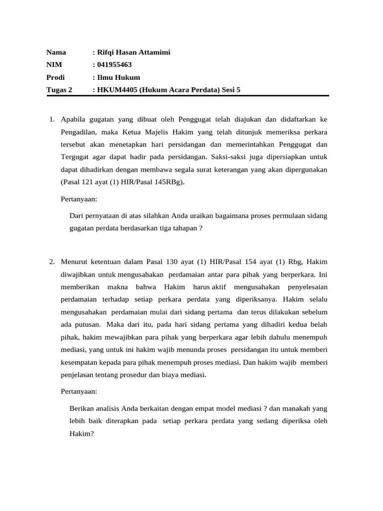 TUGAS 2 Hukum Acara Perdata HKUM4405 | PDF