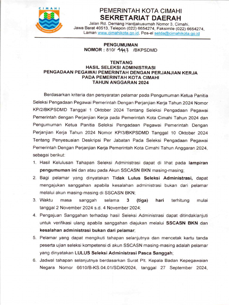 Hasilseleksiadminpppk2024 Kota Cimahi | PDF