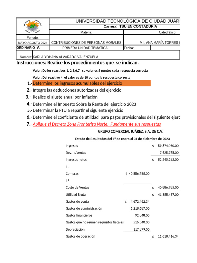 Ra U-1 Evaluación A | PDF | Impuesto sobre la renta | Estado de resultados