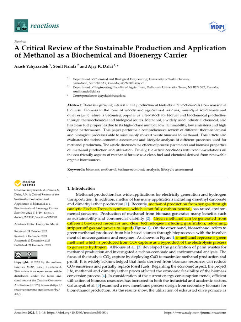 Review of The Sustainable Production and Application of Methanol | PDF ...