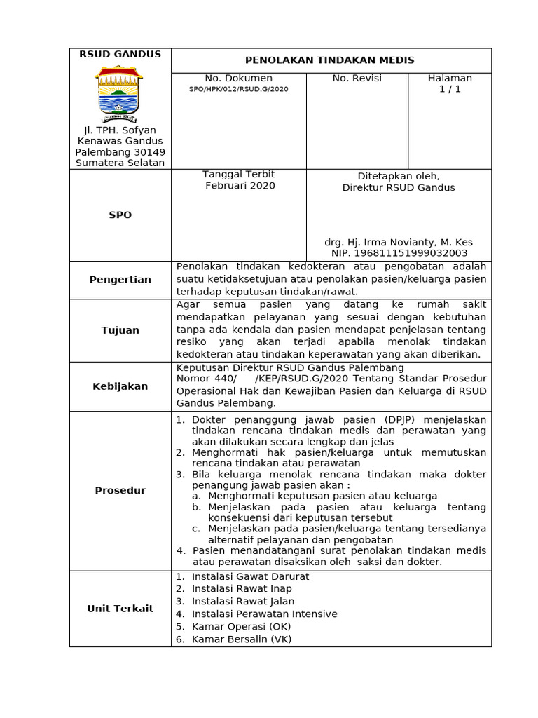 E.p.2.3 Spo Penolakan Tindakan Medis | PDF | Pengembangan Diri | Kesehatan Holistik