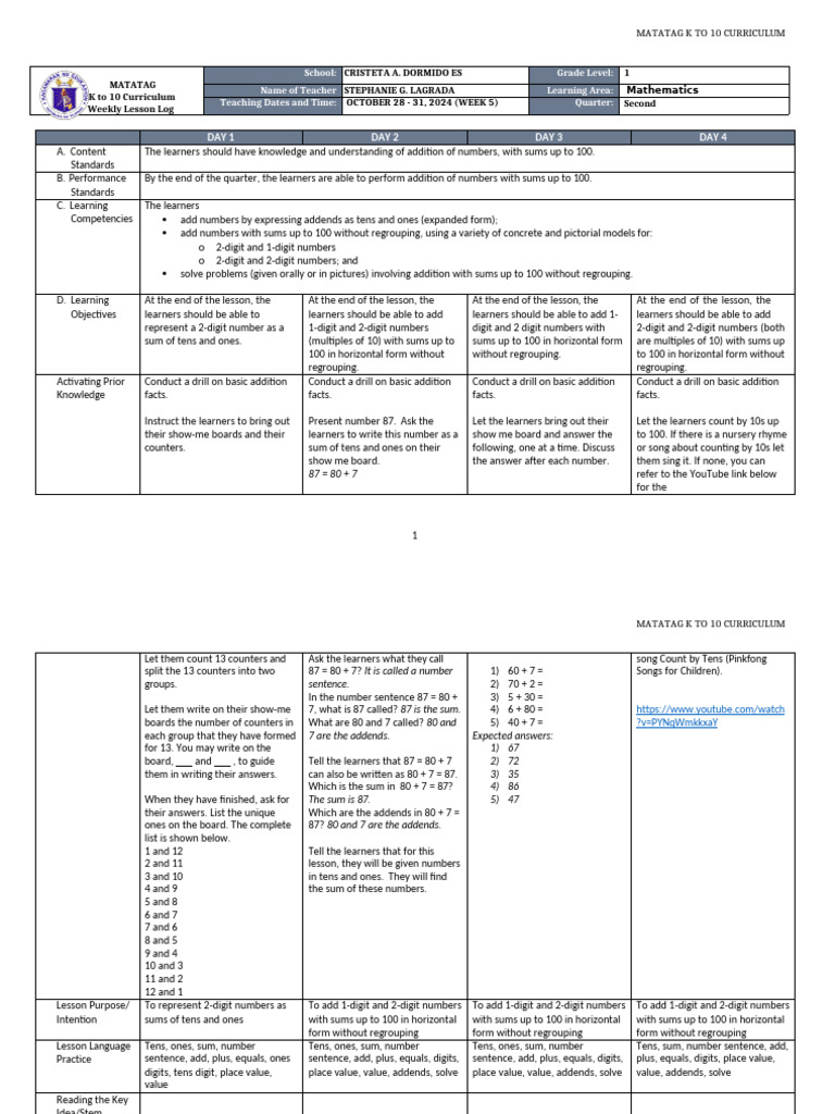 DLL Matatag - Mathematics 1 - Q2 - W5 | PDF | Curriculum | Numbers