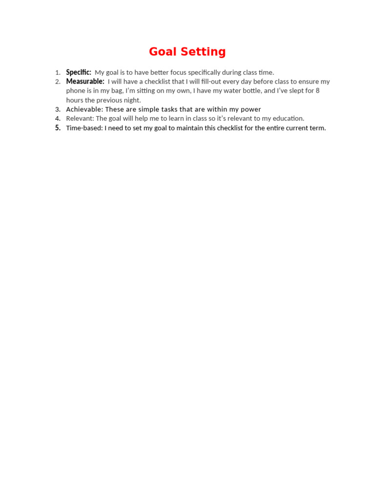 Improve Class Focus: Goal Checklist | PDF | Self-Improvement