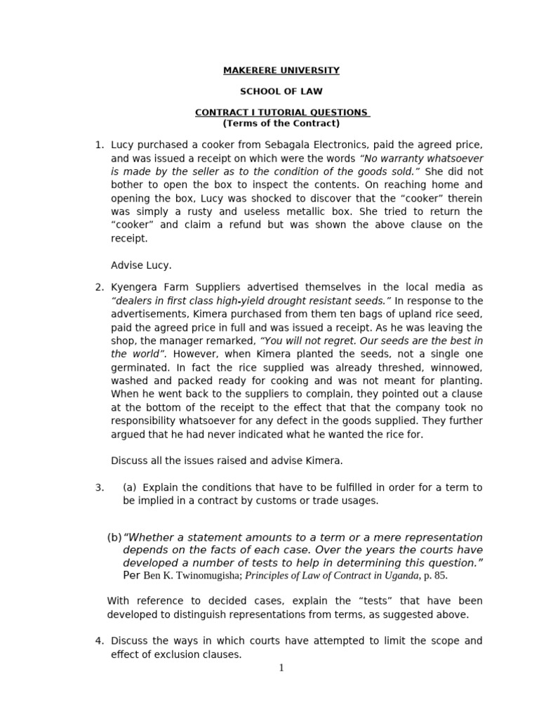 Contract Law Tutorial Questions Analysis | PDF | Common Law | Business Law