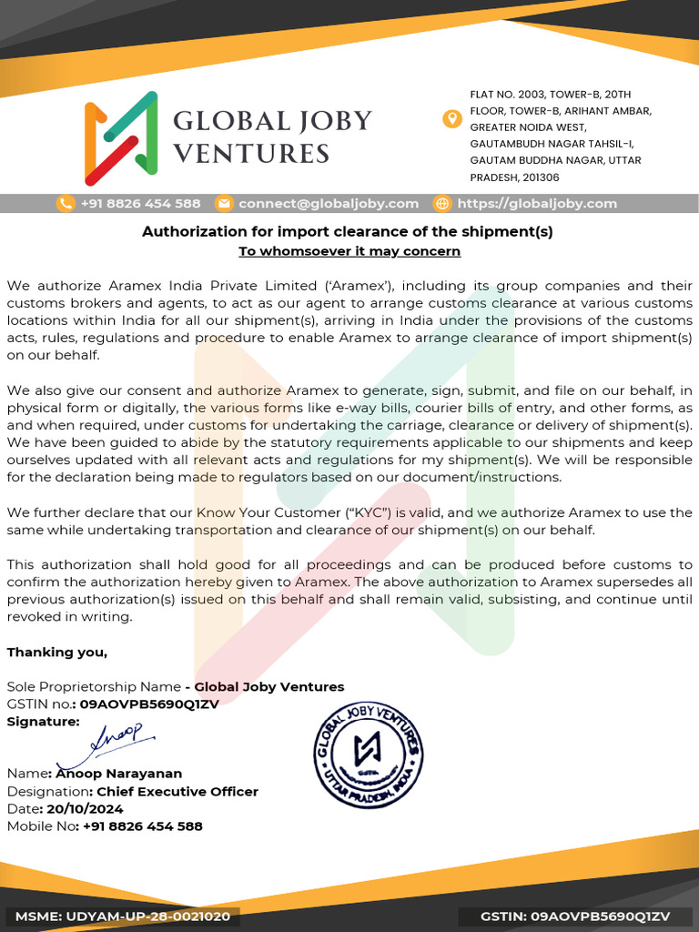 Aramex Authorization for Import Clearance | PDF | Justice | Crime & Violence