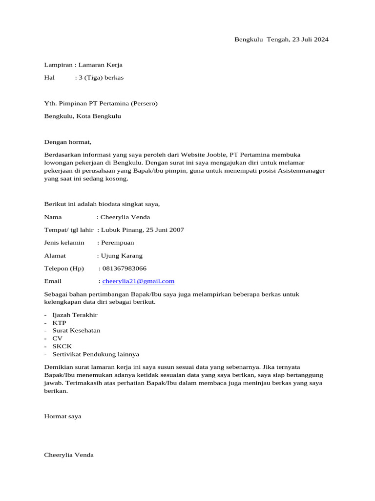 Surat Lamaran Kerja Cheery | PDF