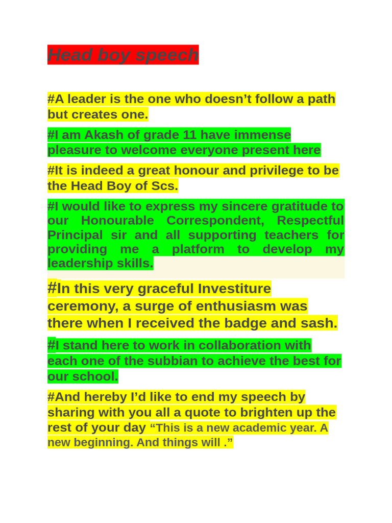 Head Boy Speech | PDF | Career & Growth