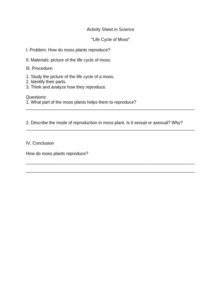 Moss and Fern Reproduction Worksheets | PDF