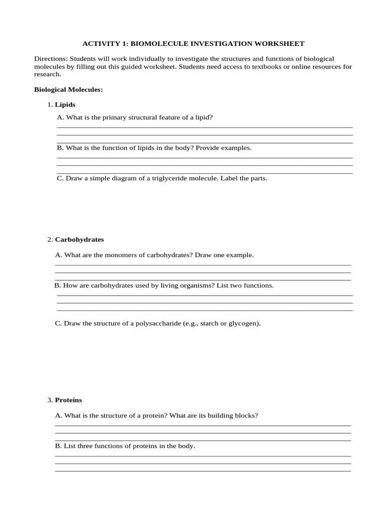 Activity 1 Biomolecule Investigation Worksheet | PDF | Biomolecules ...