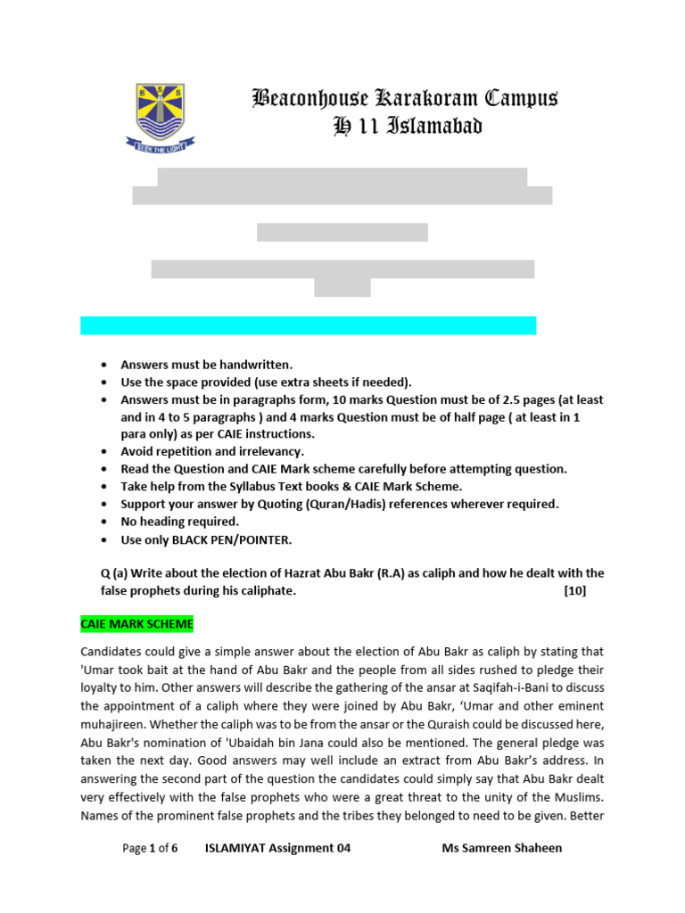 Ix C BKC Islamiyat Marked Assignment 04 | PDF | Umar | Abrahamic Religions