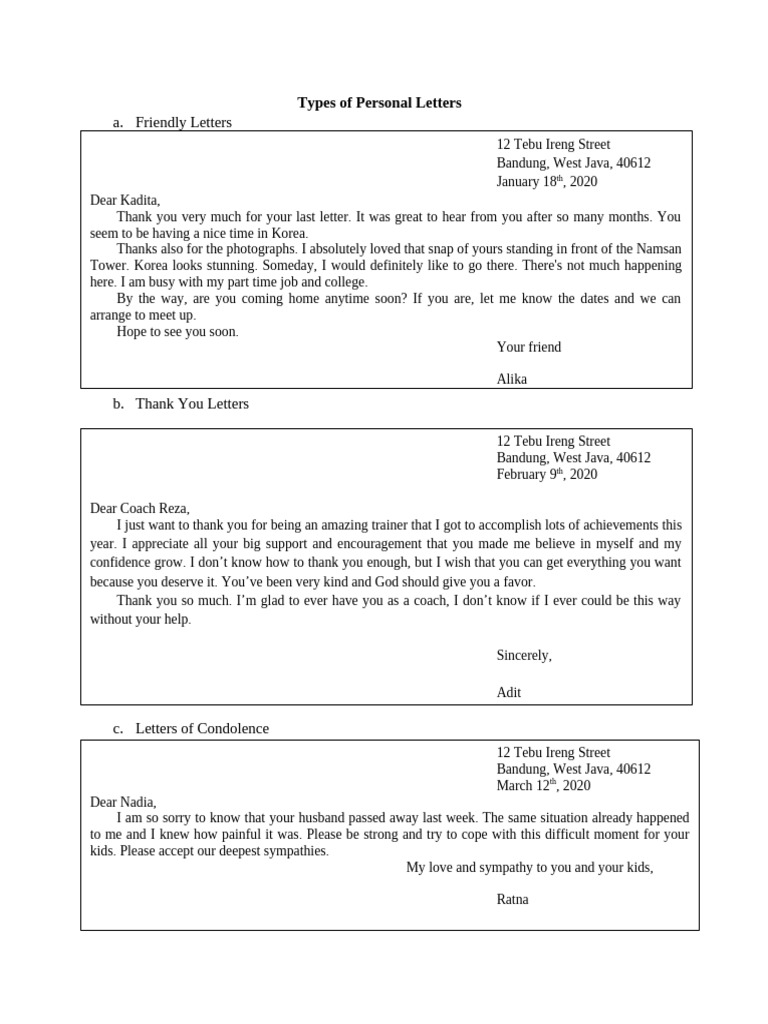 Types of Personal Letter | PDF