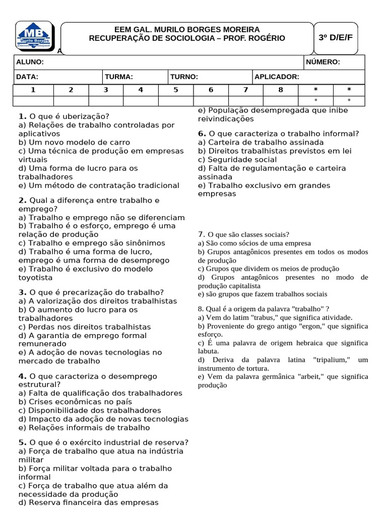Prova 3 Ano Com Cabeçalho Versao Final | PDF | Emprego | Lei Trabalhista