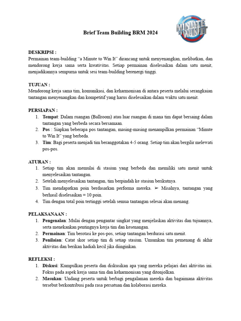 Brief Team Building BRM 2024 | PDF | Karier & Perkembangan