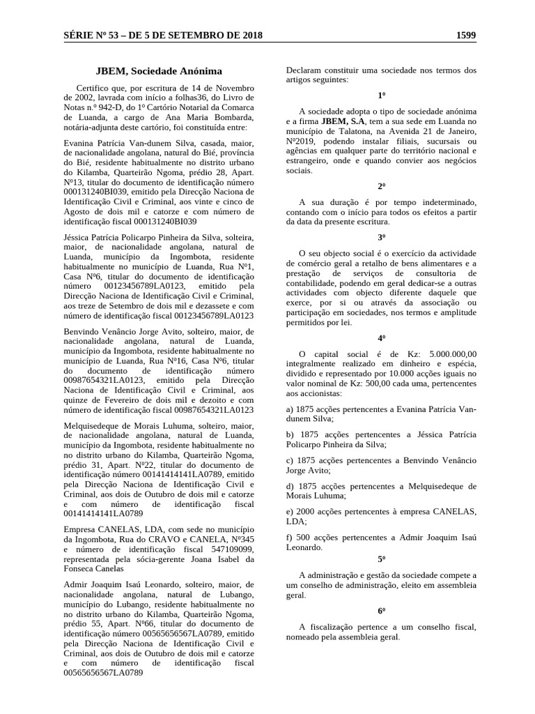 Constituição da Sociedade JBEM, S.A. | PDF | Angola