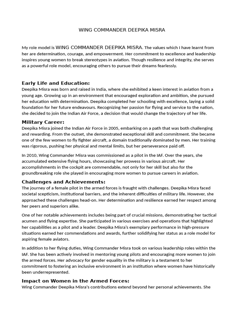 Wing Commander Deepika Misra Essay | PDF | Gender | Gender Studies