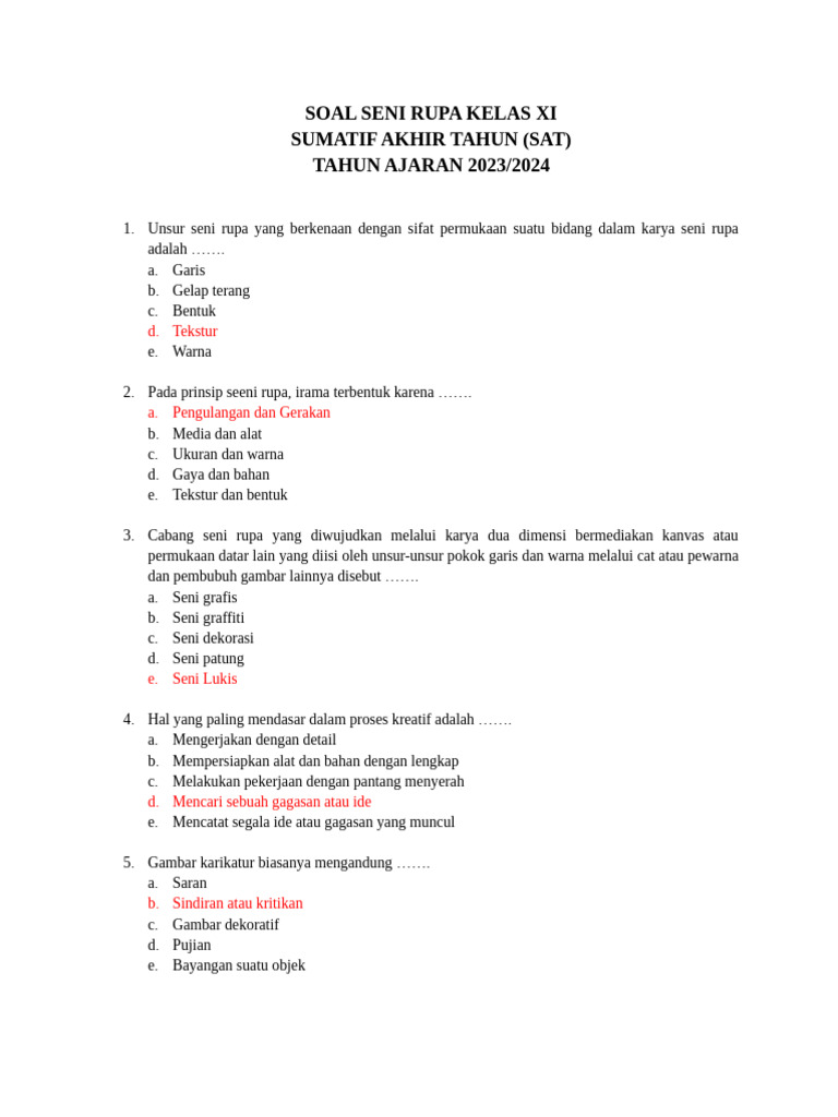 Soal Seni Rupa SMT Ii 2023-2024 | PDF