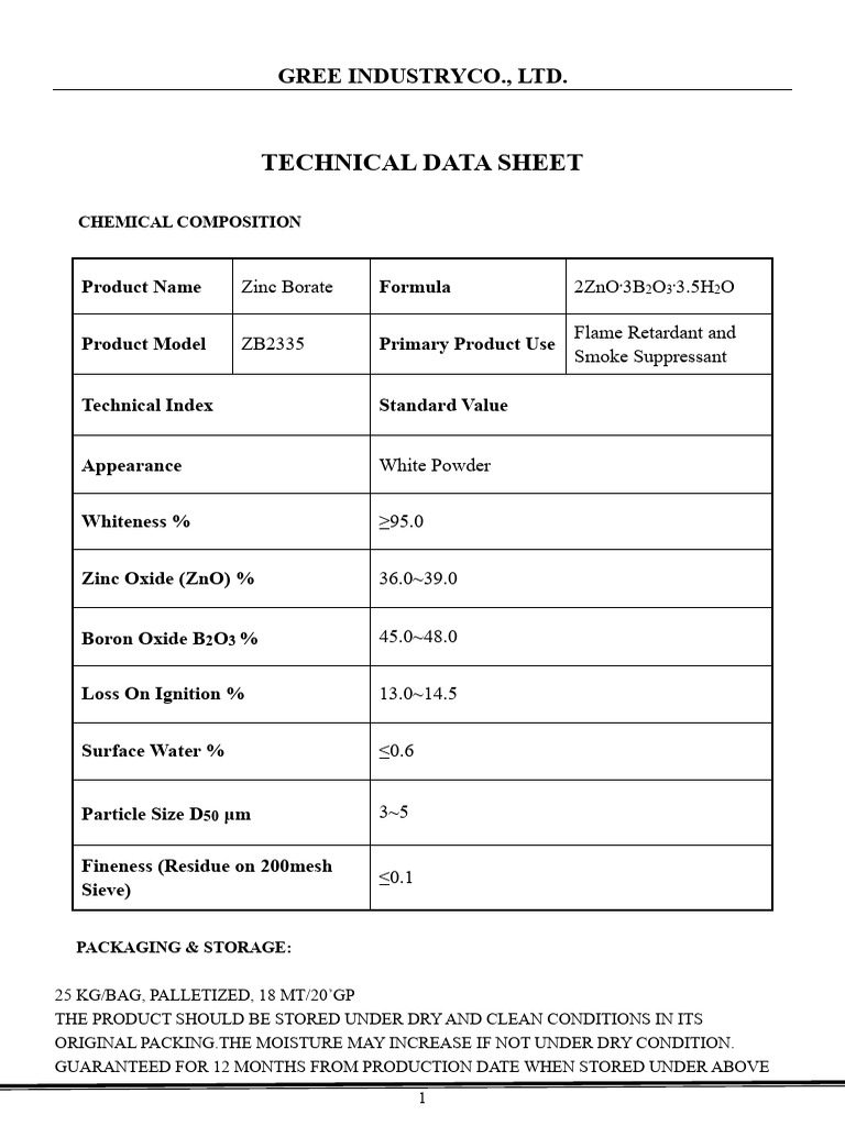 Technical Data Sheet Zinc Borate From Gree Industry | PDF | Smoke | Zinc