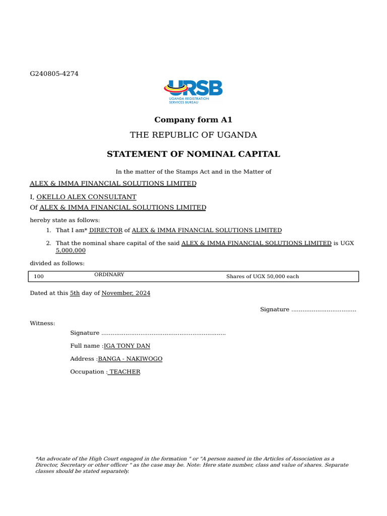 A1 Form for Alex & Imma Financial Solutions | PDF