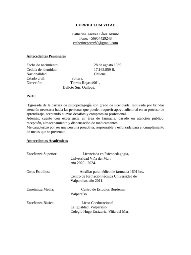 CV Perez Catherine | PDF | Farmacia | Modificación de comportamiento