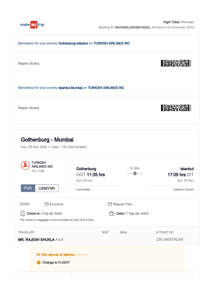 Gothenburg - Mumbai: Barcode(s) For Your Journey On Gothenburg-Istanbul ...