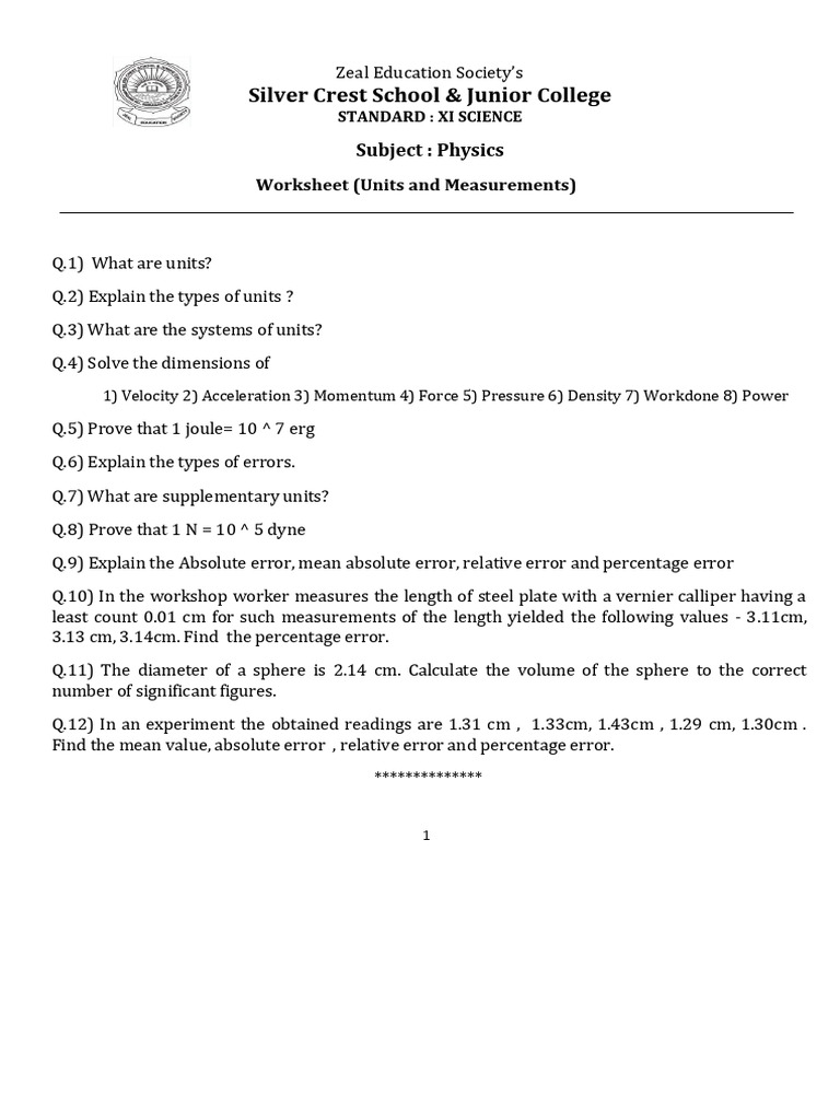 Worksheet of Units and Measurments | PDF