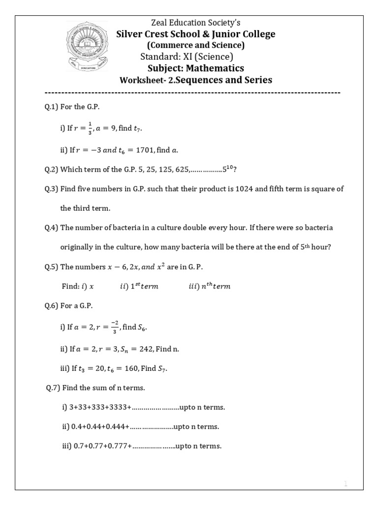 Worksheet - 2.sequences & Series | PDF | Elementary Mathematics | Numbers