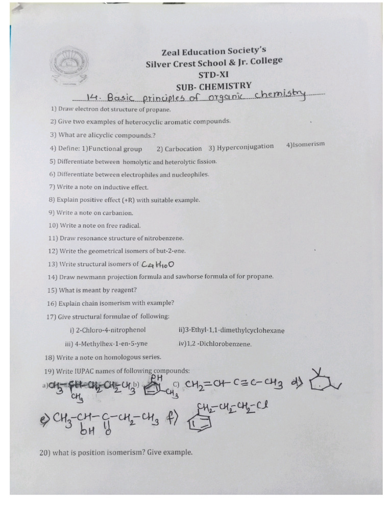 Chemistry Worksheet - Basic Principles of Organic | PDF