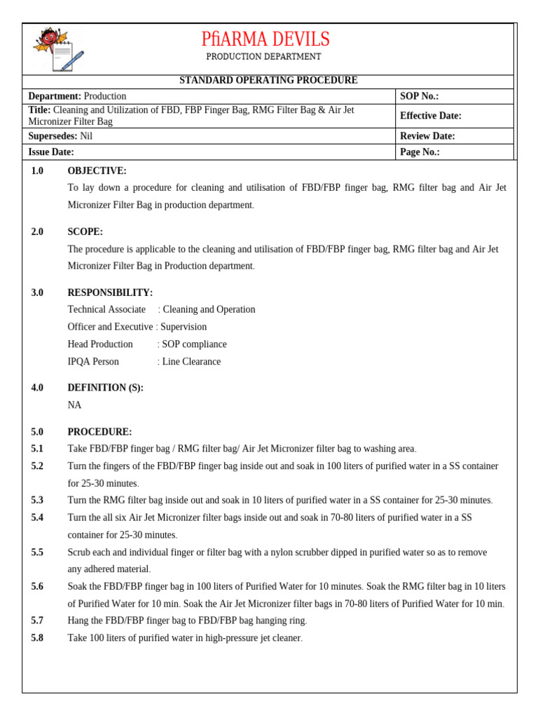 SOP For Cleaning and Utilization of FBD FBP Finger Bag RMG Filter Bag | PDF | Computers