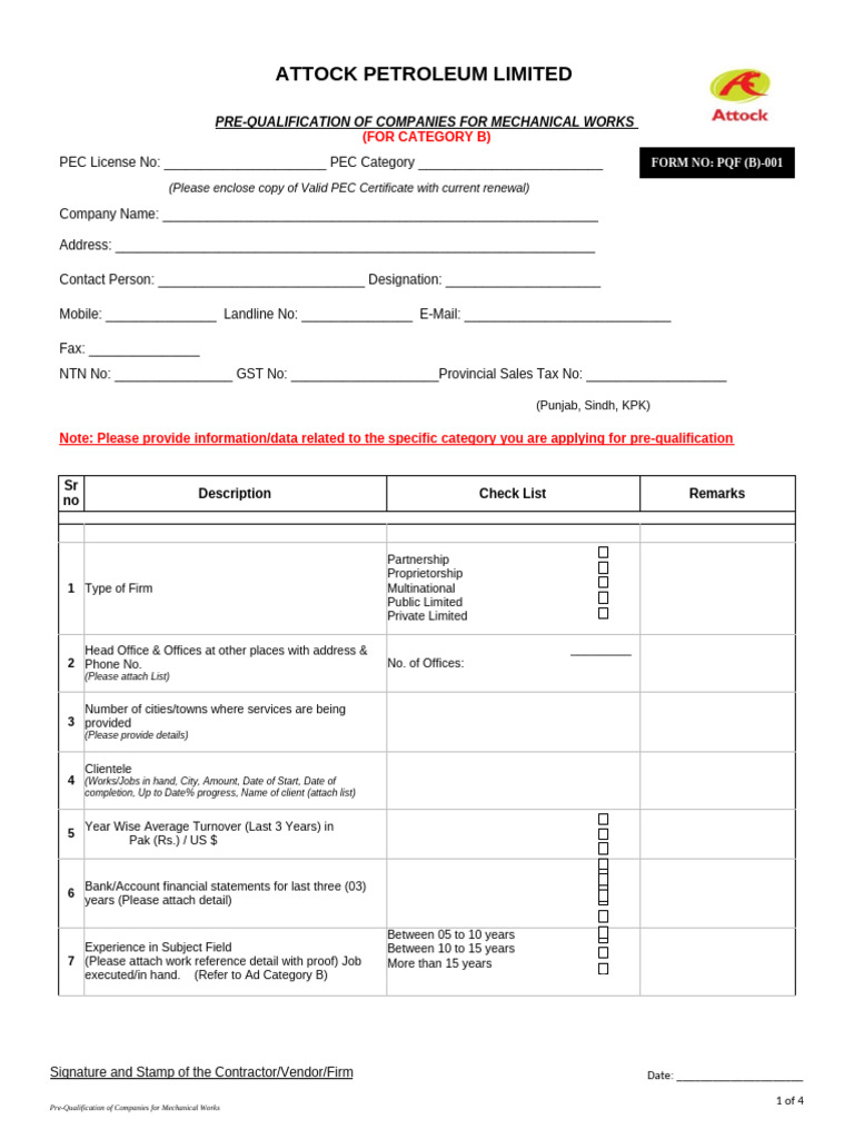 Pre-Qualification Form for Mechanical Works | PDF