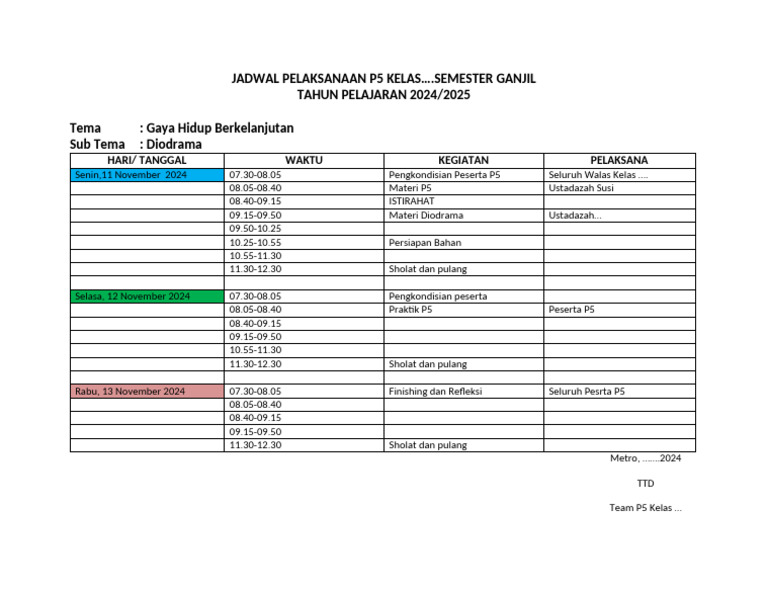 Jadwal Pelaksanaan P5 Kelas | PDF