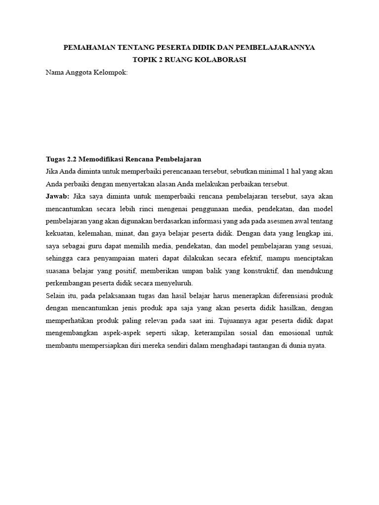 T.2.2 Ruang Kolaborasi Pemahaman Peserta Didik Dan Pembelajarannya | PDF | Karier & Perkembangan