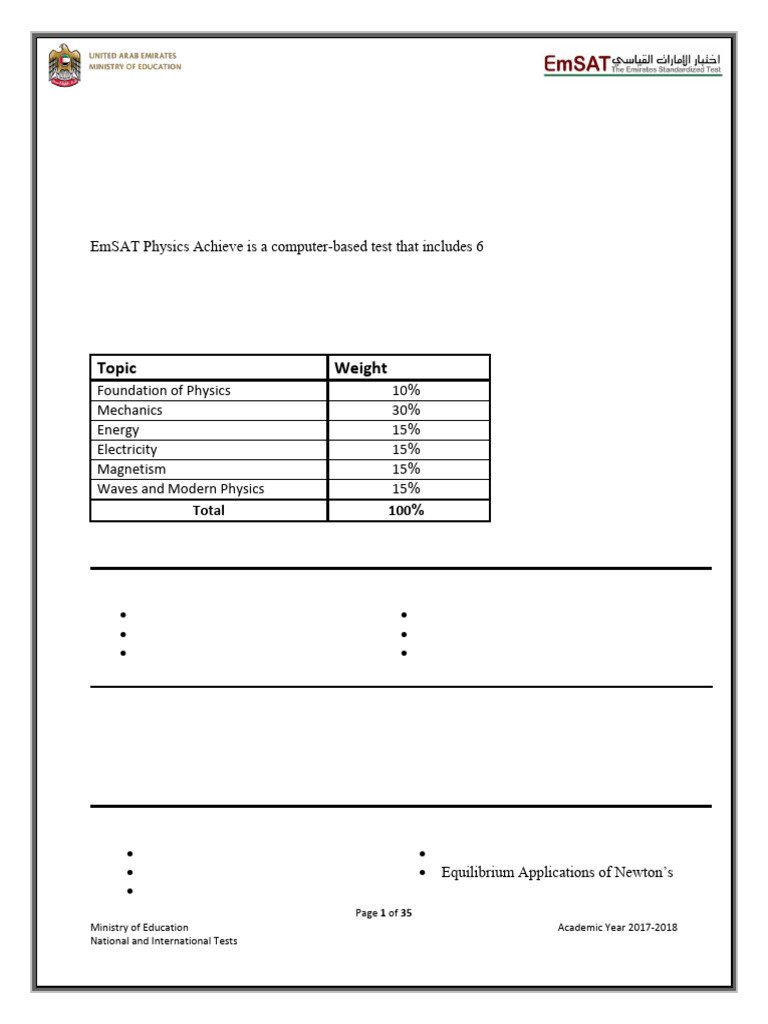 EmSAT Physics College Entry Exam Specifications English | PDF ...