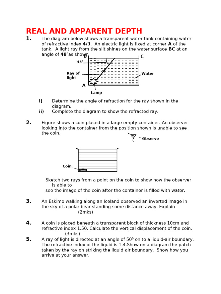 Real and Apparent Depth | PDF | Refraction | Refractive Index