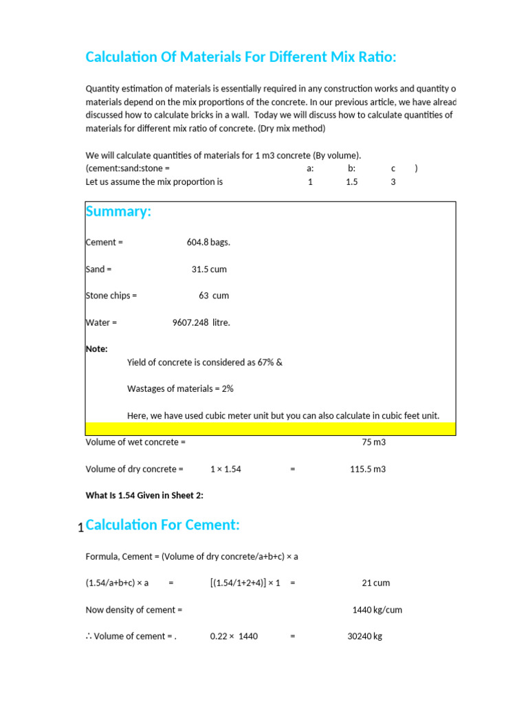 Calculate Quantities Of Materials For Different Mix Ratio Of Concrete edit | PDF | Concrete | Volume