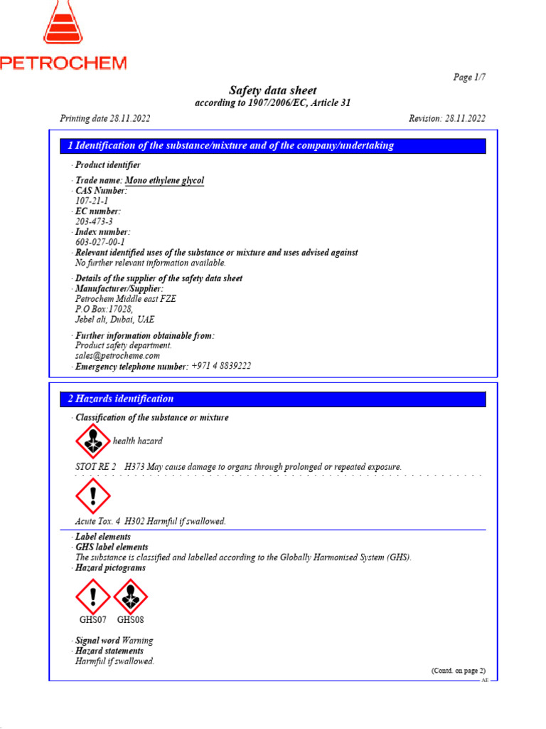 Mono Ethylene Glycol-PME - MSDS | PDF | Chemistry | Safety