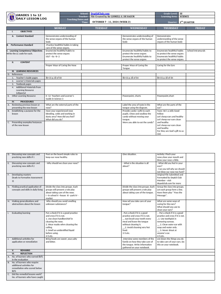DLL - Science 3 - Q2 - W2 | PDF | Cognition | Learning