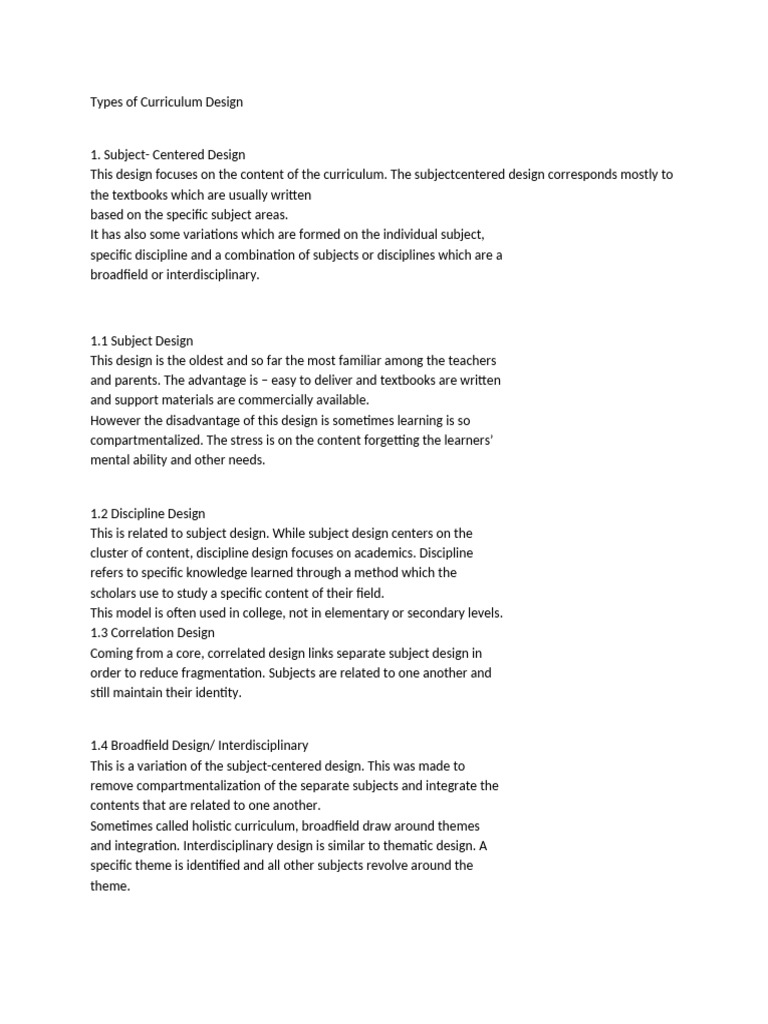 Types of Curriculum Design Explained | PDF | Curriculum | Teachers