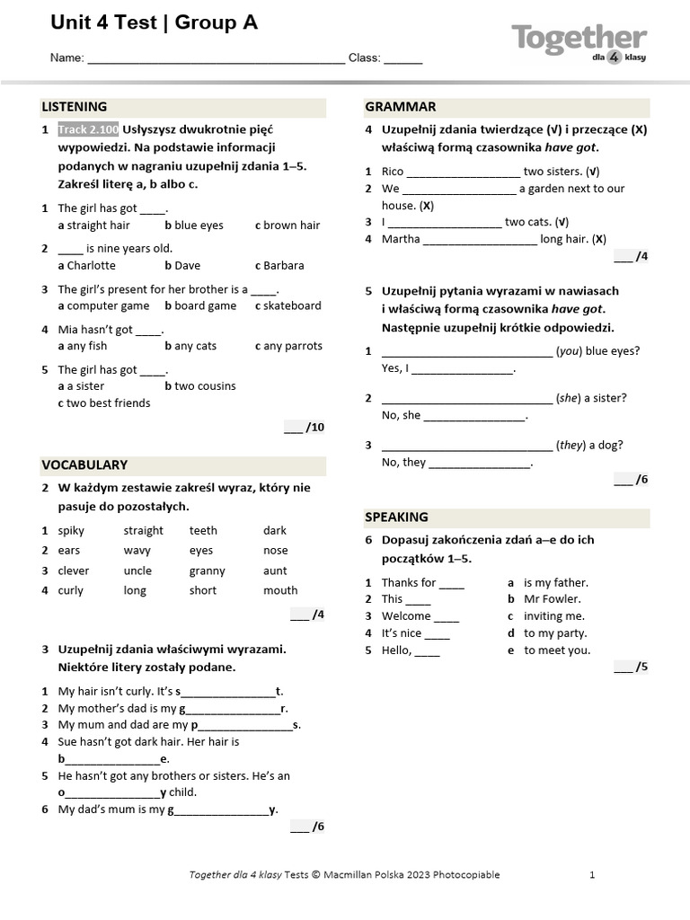 Together kl4 U4 Unit Test Standard A | PDF