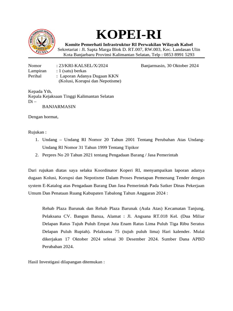 Laporan Dugaan KKN Proyek Rehab Plaza | PDF