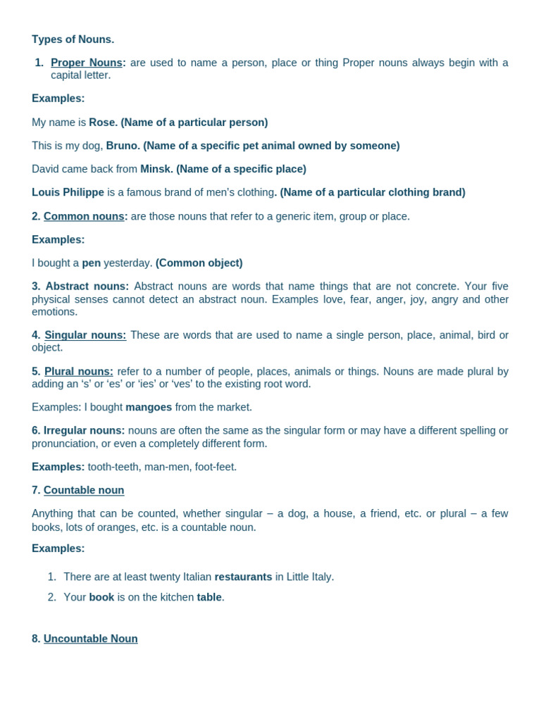 Types Of Nouns And Quantifiers Pdf Noun Plural