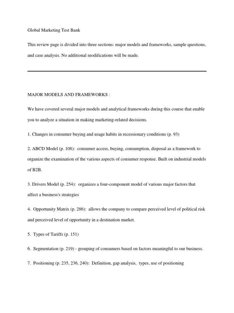 Global Marketing Test Bank | PDF | Brand | Exports