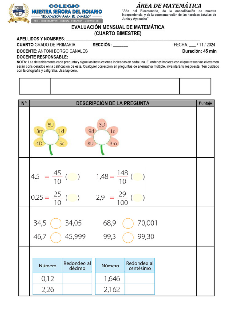 Exámen Mensual-4to-Mat-Ivbim - 2024 - NSR | PDF | Matemáticas
