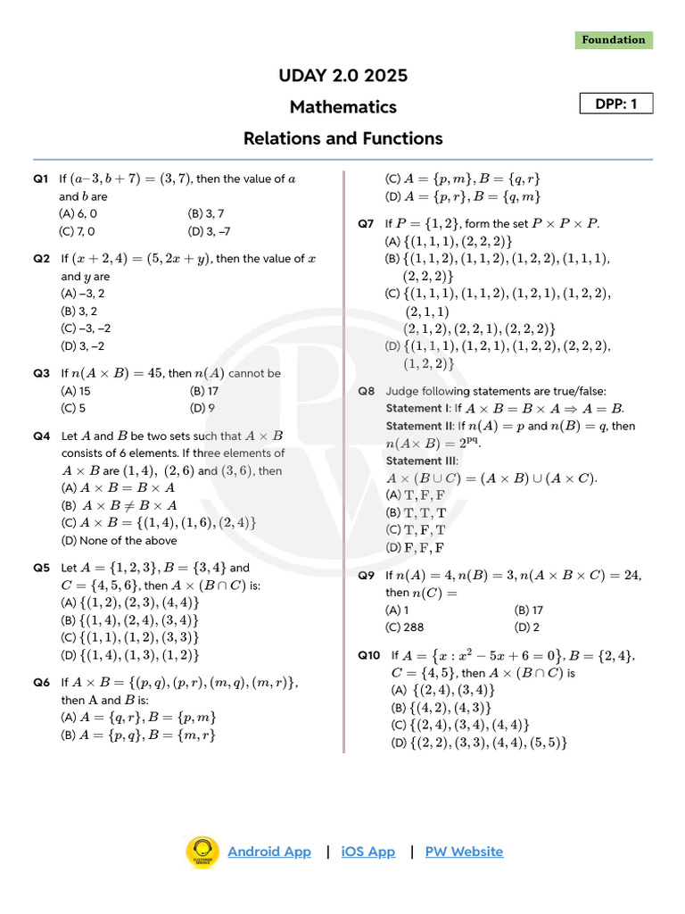 Relations and Functions - DPP 01 - Uday 2.0 2025 | PDF | Teaching Methods & Materials