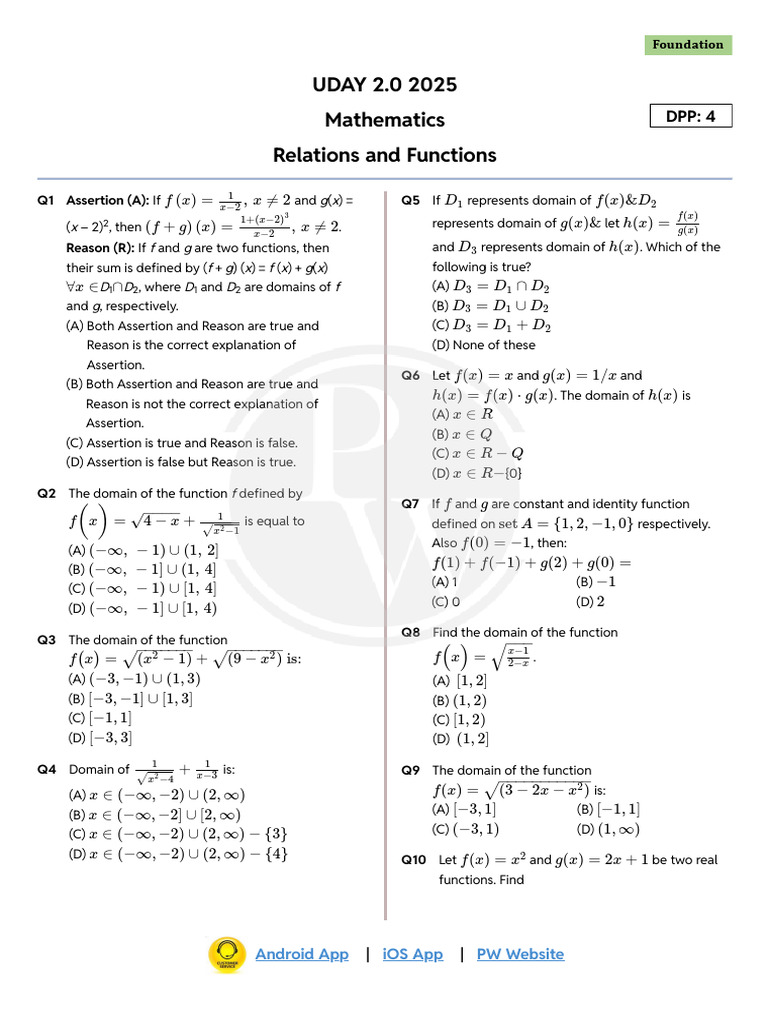 Relations and Functions - DPP 04 - Uday 2.0 2025 | PDF | Mathematics | Mathematical Concepts