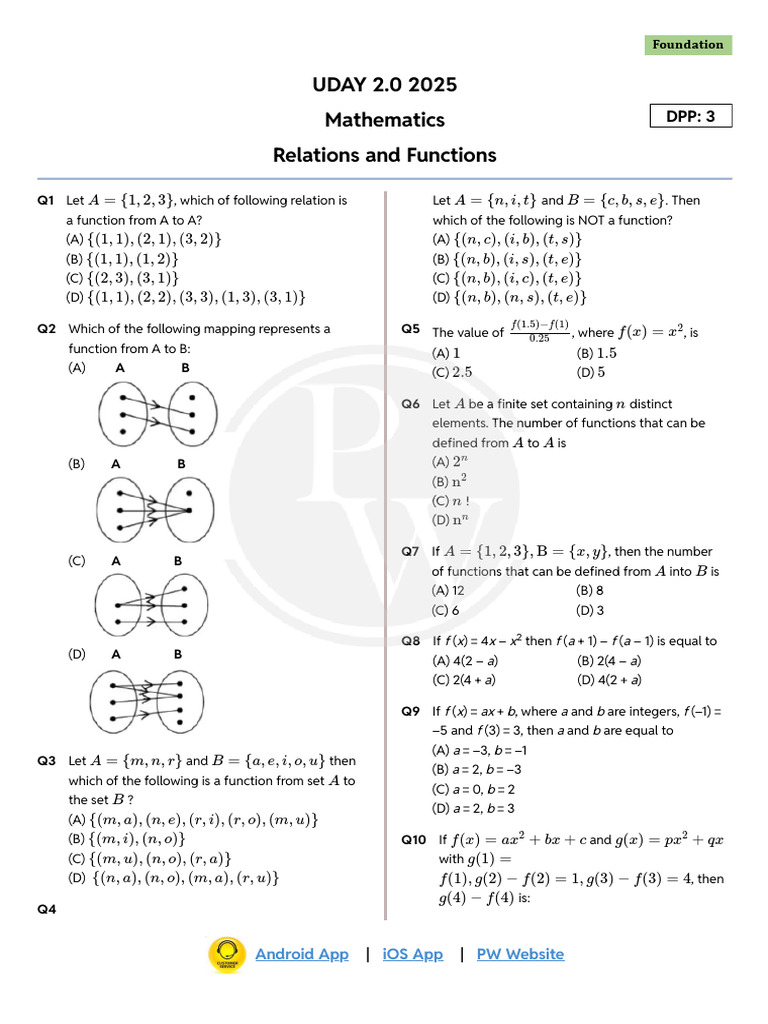 Relations and Functions - DPP 03 - Uday 2.0 2025 | PDF | Mathematics | Algebra