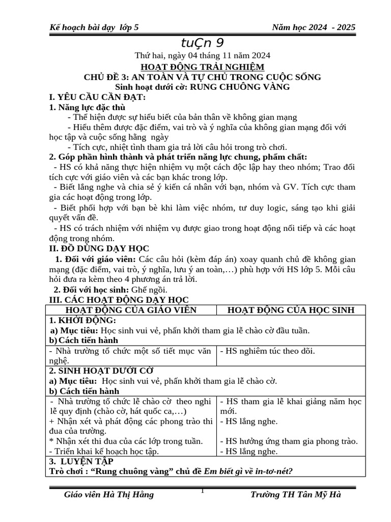 KHDH LỚP 5. TUẦN 9 | PDF